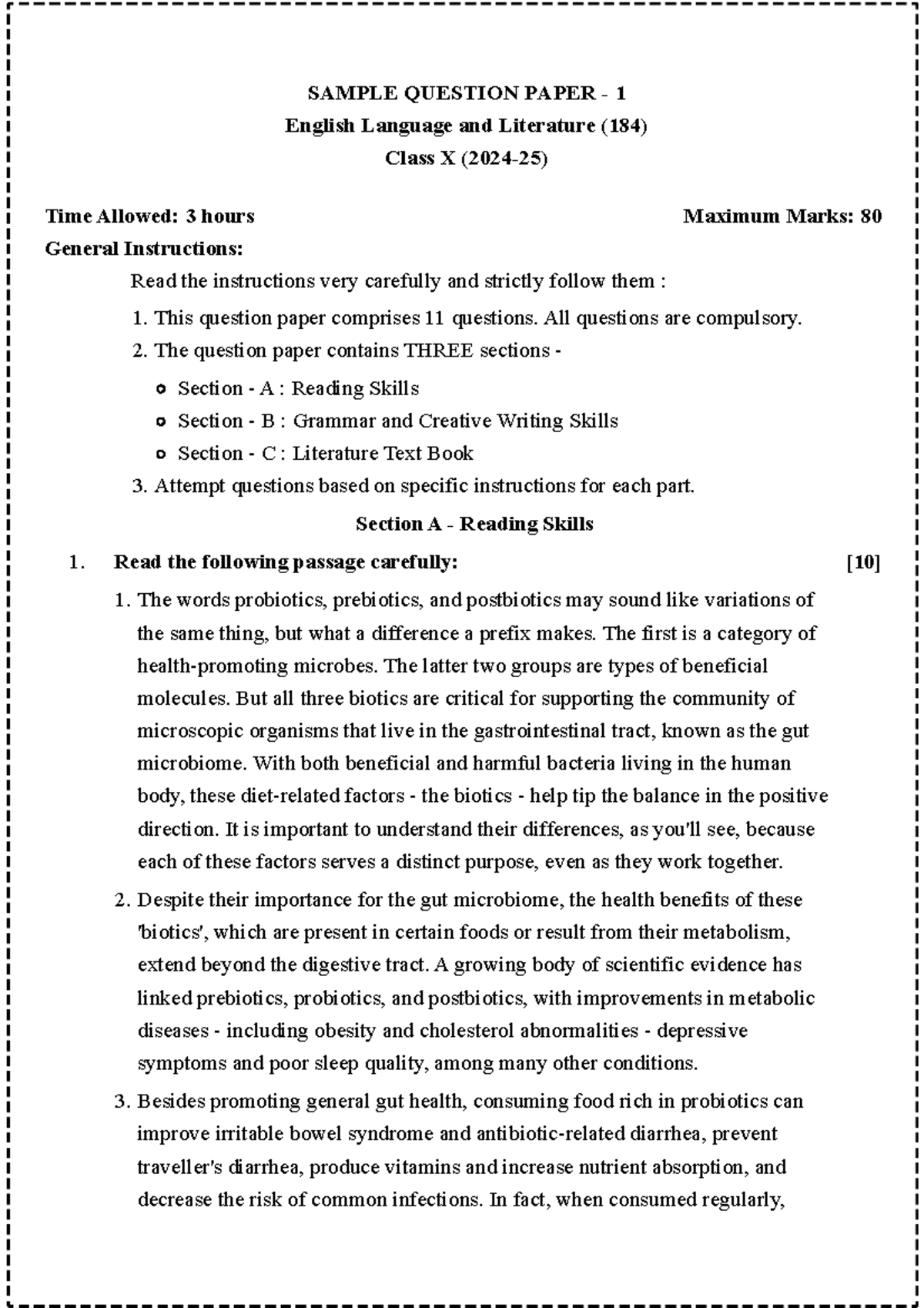 SAMPLE QUESTION PAPER 1 English Language and Literature (184) Class X ...