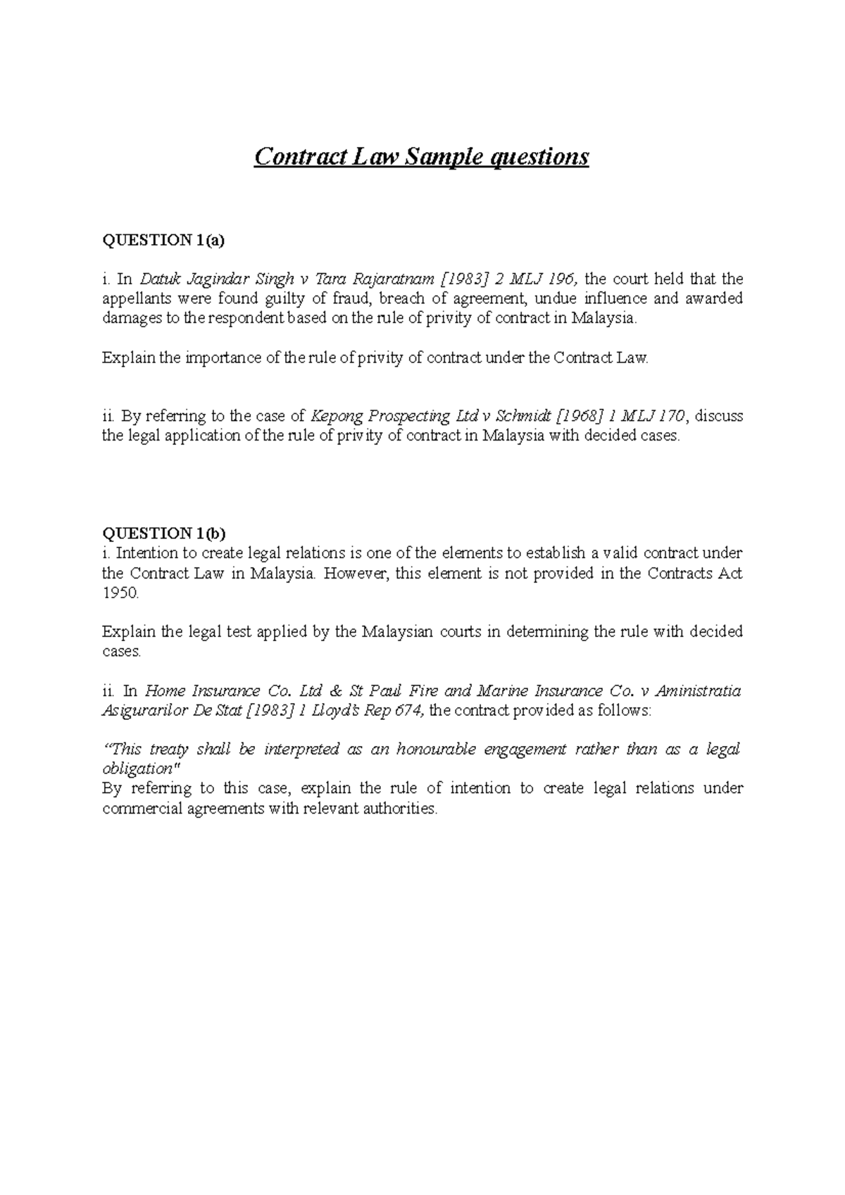Contract Law Sample questions Studocu - Contract Law Sample questions ...