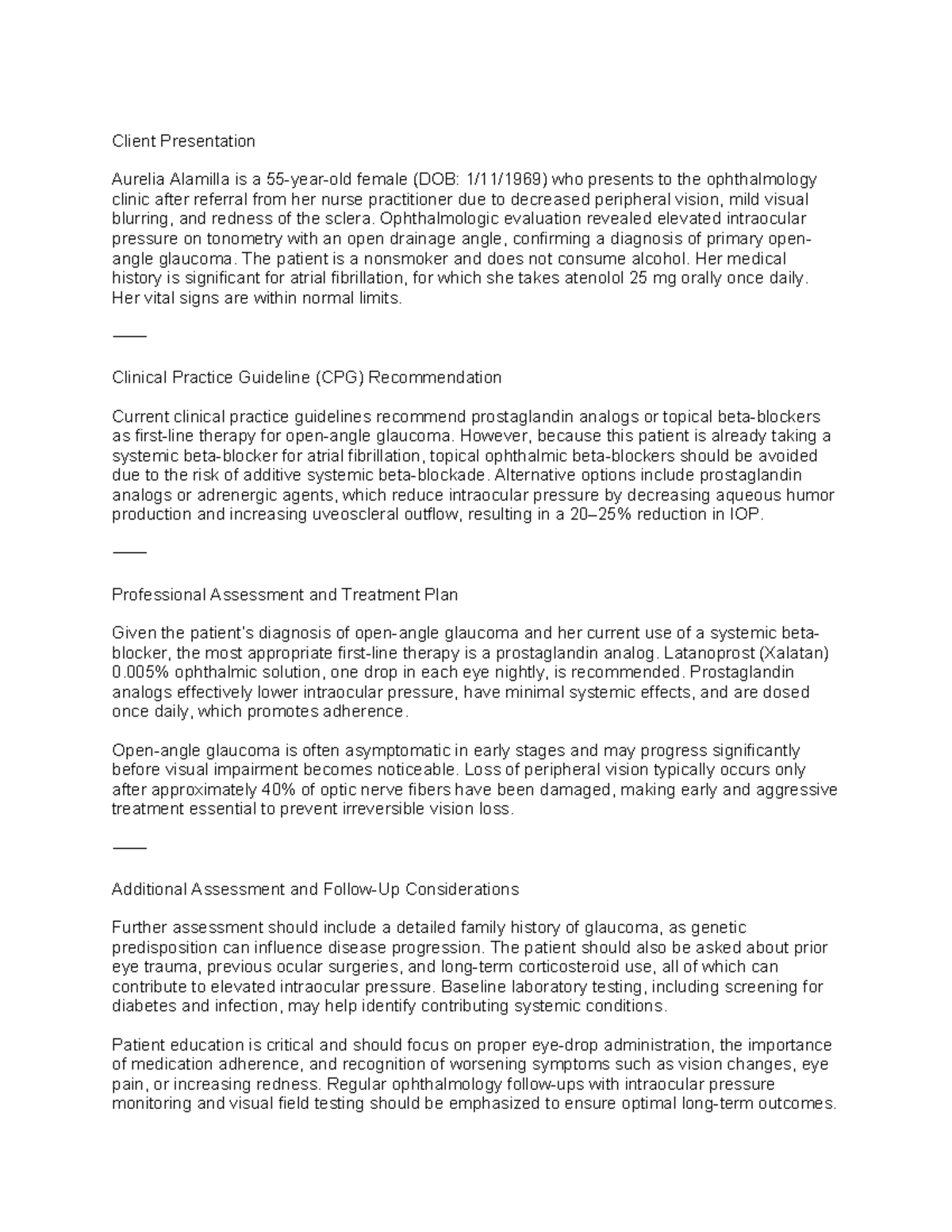 Client Presentation: Primary Open-Angle Glaucoma Management - Studocu