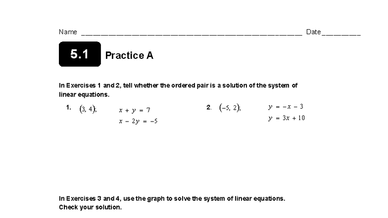 5.1 Practice A: Solving Systems of Linear Equations Worksheet - Studocu