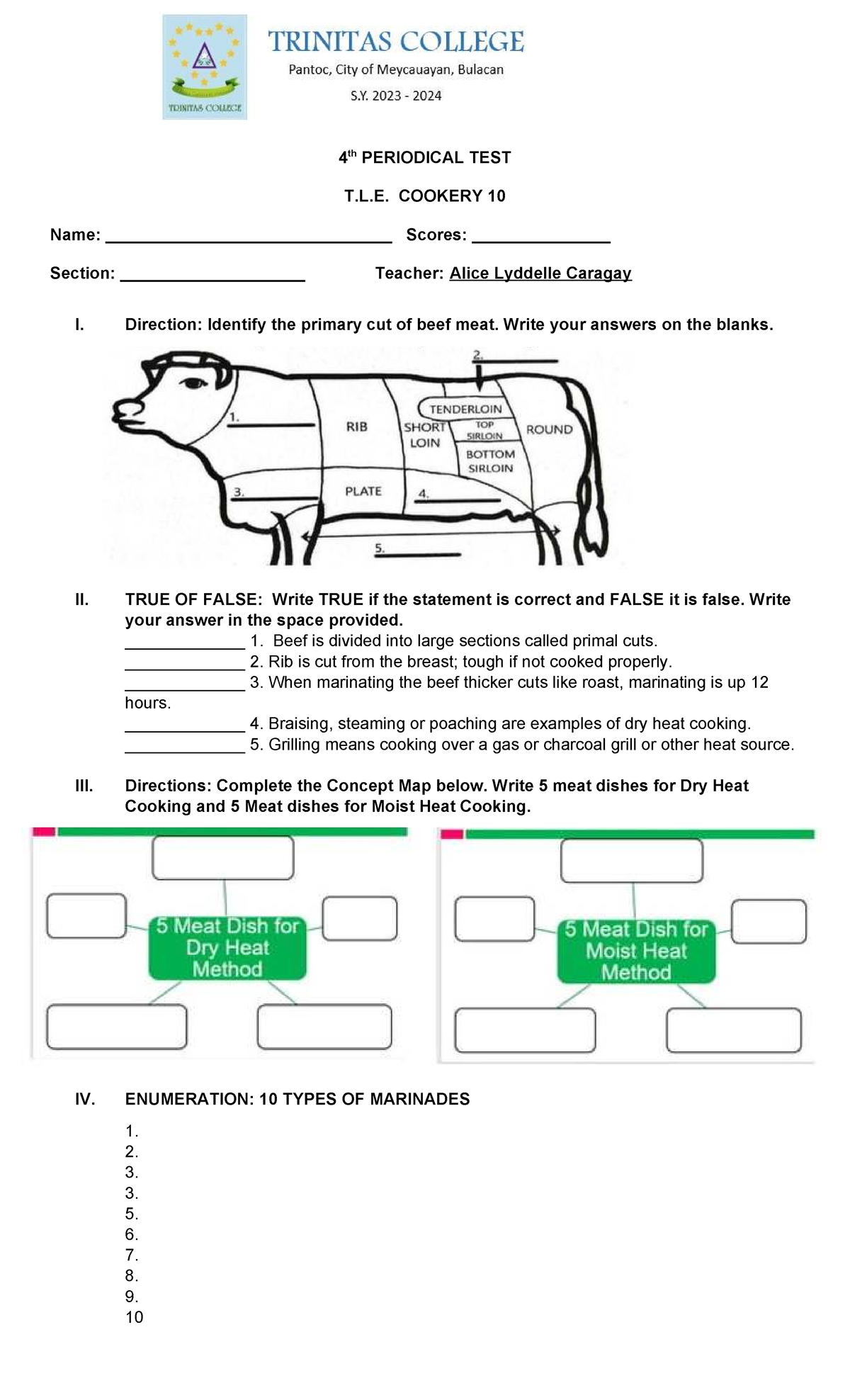 4th Periodical Test: T.L.E. Cookery 10 - Beef Cuts & Cooking Methods ...