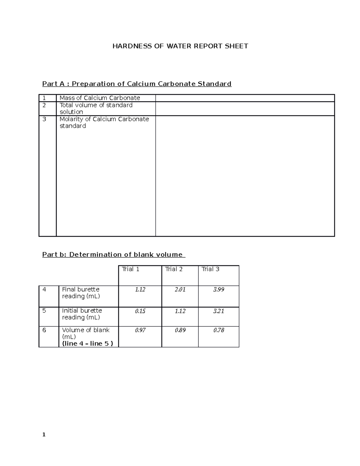 Report sheet hardness of water - HARDNESS OF WATER REPORT SHEET Part A ...