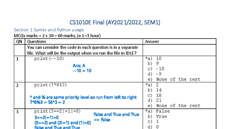 CS1010E Final Exam Solutions: Syntax and Python MCQs - Studocu