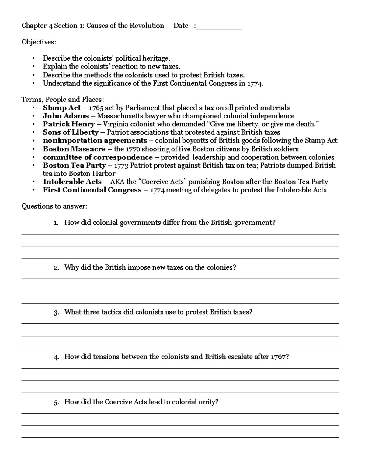 Chapter 4 Sec 1: Analyzing Causes of the American Revolution - Studocu