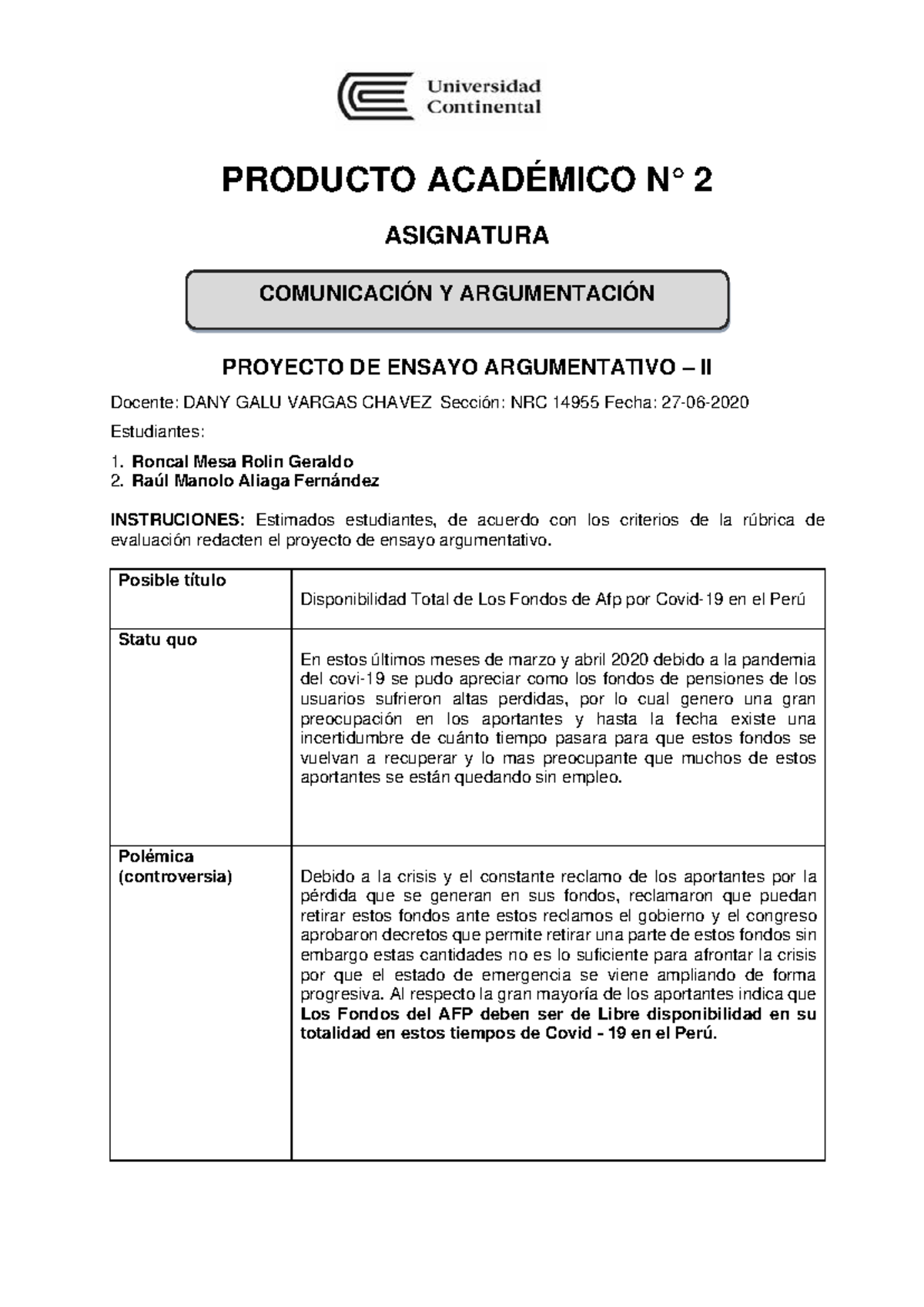 Producto Académico 2 - Proyecto de Ensayo Argumentativo sobre AFP en ...