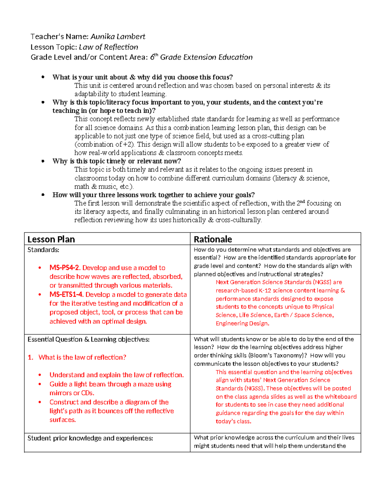 Reflection of Light MEES Lesson Plan 1 Lambert - Teacher’s Name: Aunika ...