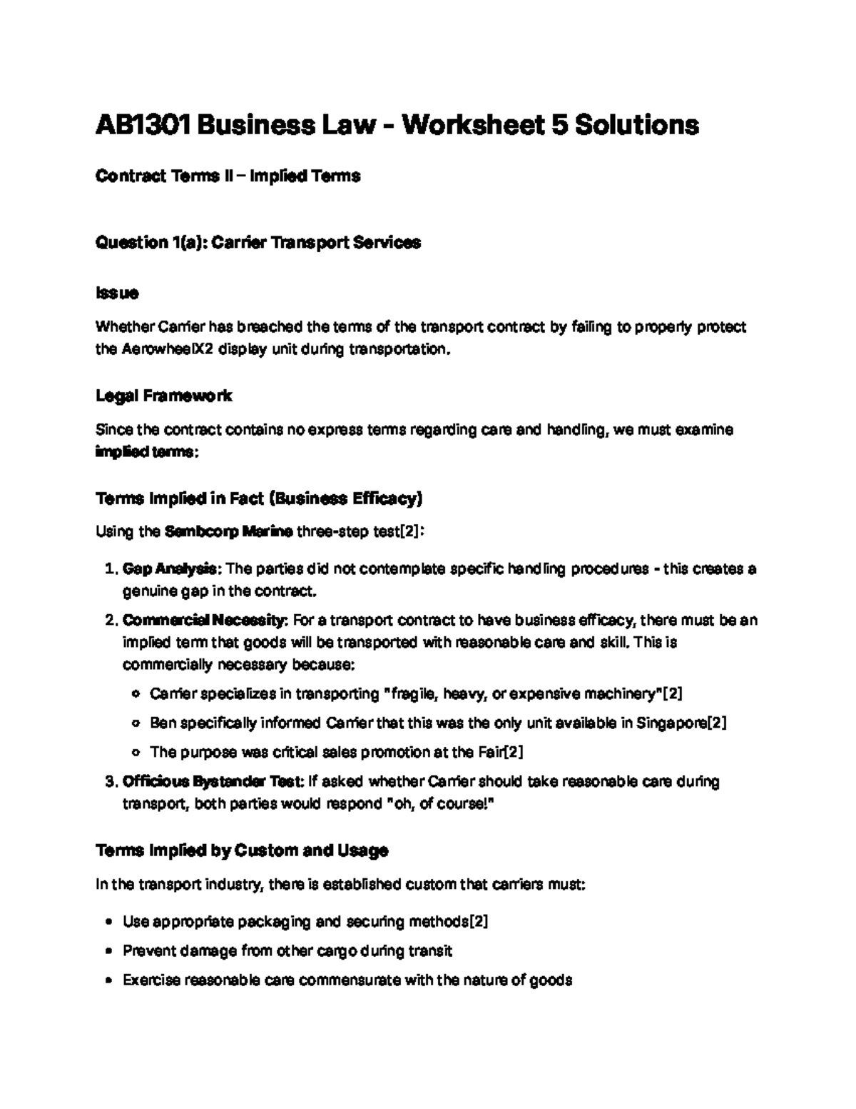 AB1301 Business Law Worksheet 5 Solutions: Contract Terms II Analysis ...