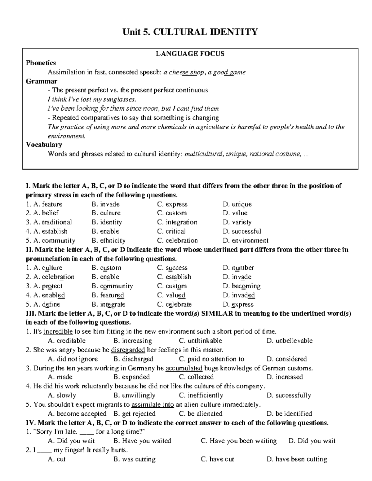 E12 Unit 5 Cultural Identity Practice TEST 2 Notes - Studocu