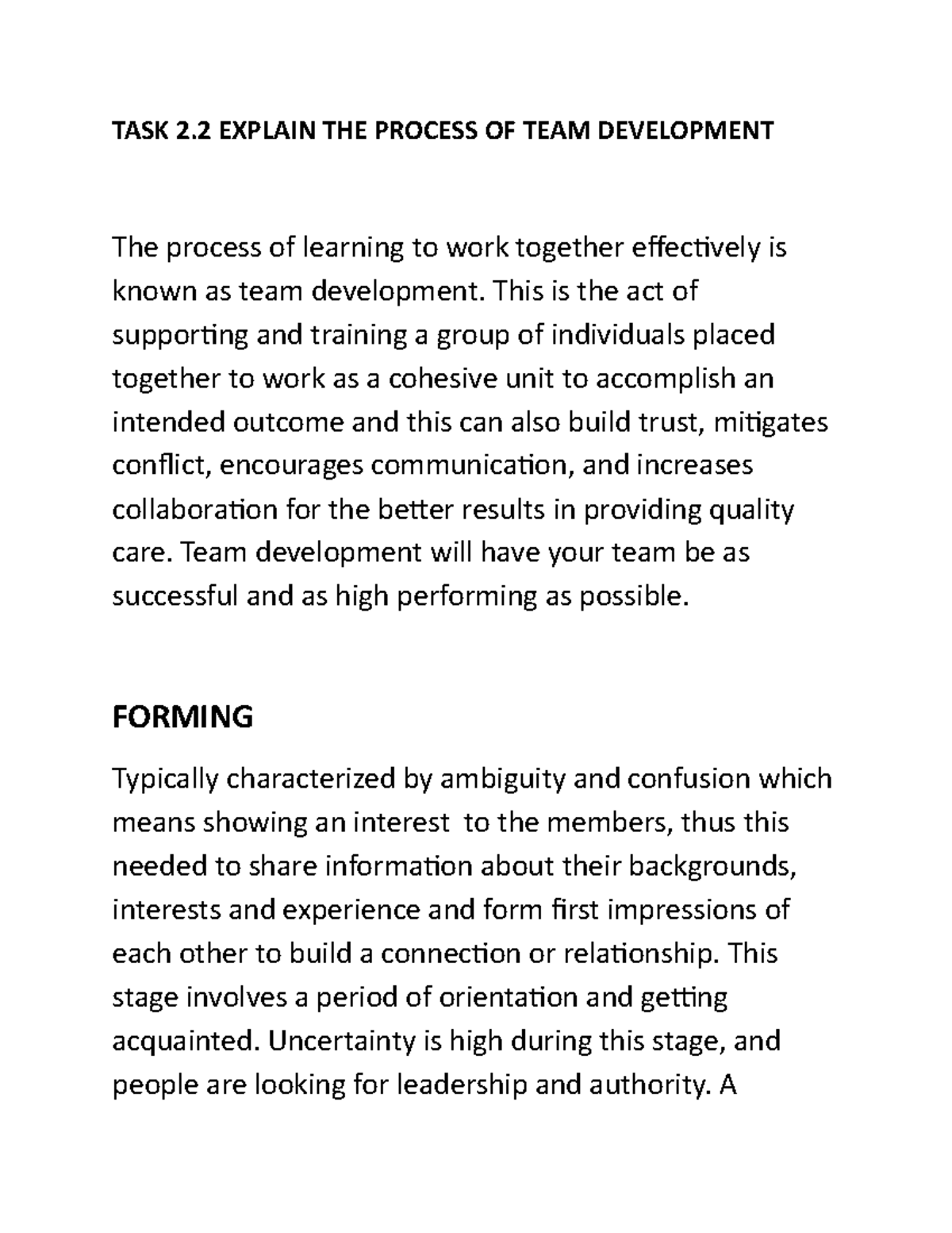 Process of Team Development - TASK 2 EXPLAIN THE PROCESS OF TEAM ...