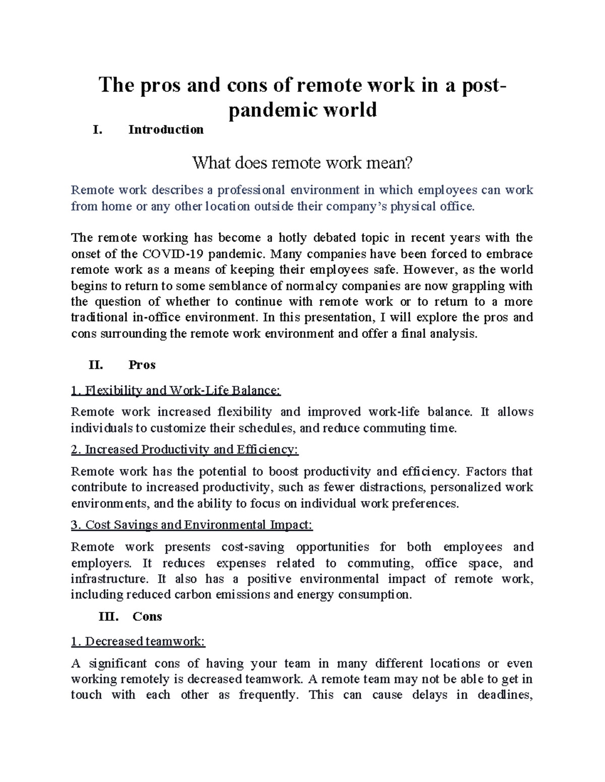 7. Pros and Cons of Remote Work: Analysis in a Post-Pandemic Era - Studocu