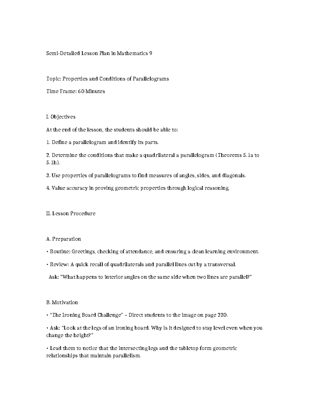 Semi-Detailed Lesson Plan: Parallelograms for Math 9 - Studocu