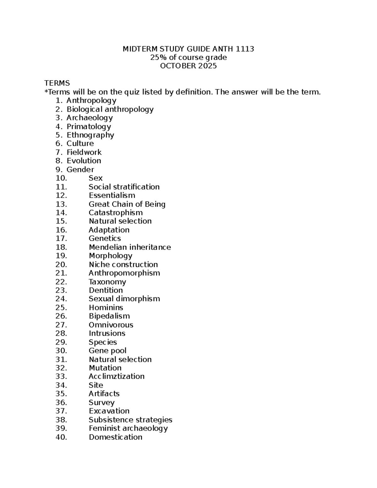 Midterm Study Guide: ANTH 1113 - Key Terms and Definitions - Studocu