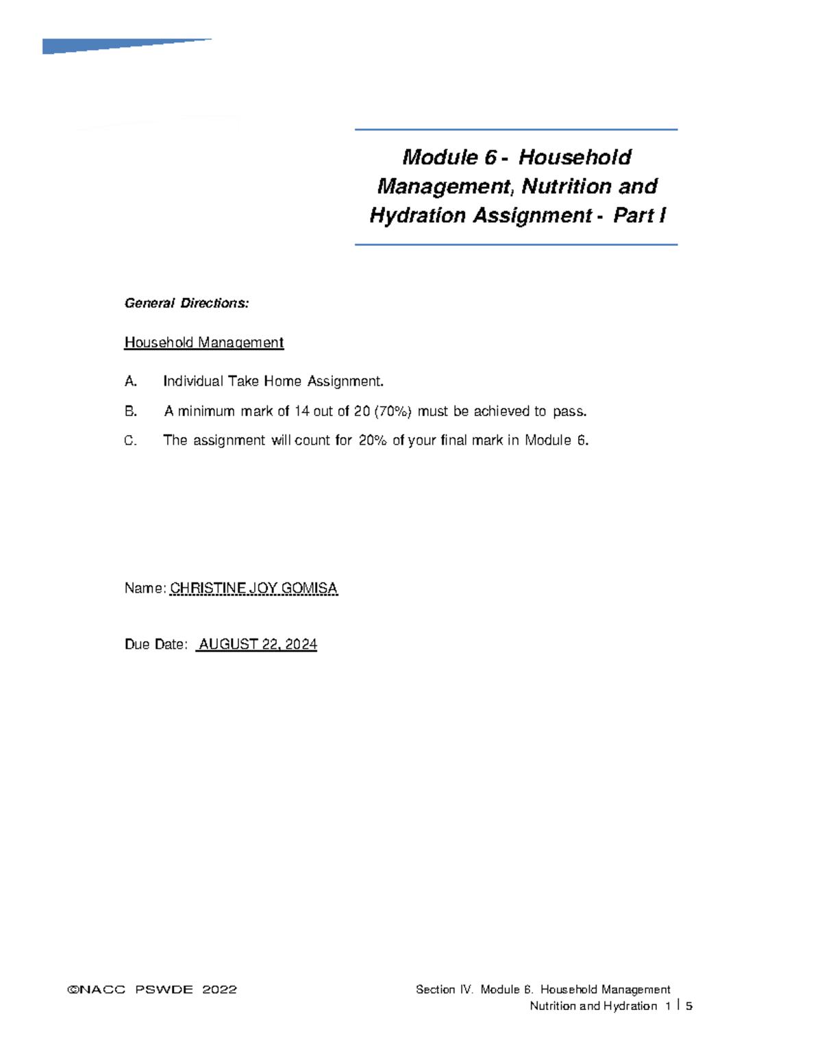 IV-7 Assignment - Module 6: Household Management and Nutrition Tasks ...