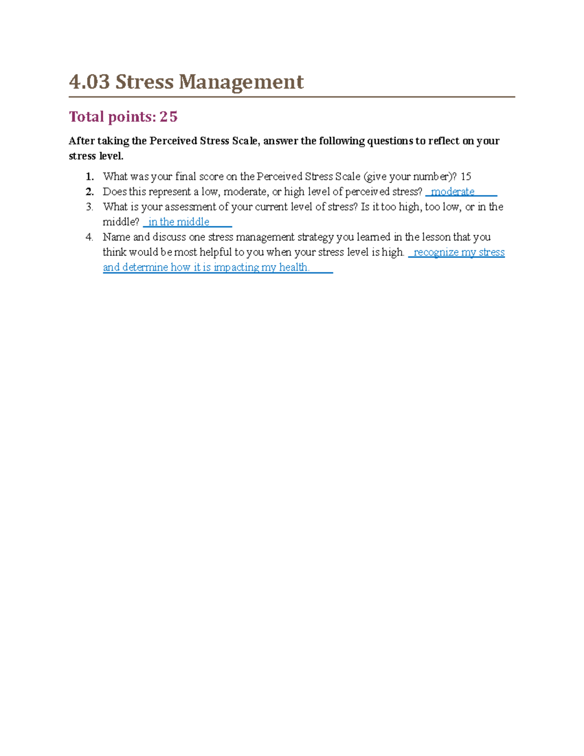 04-03 task - 4.03 Task for Health Education - 4 Stress Management Total ...