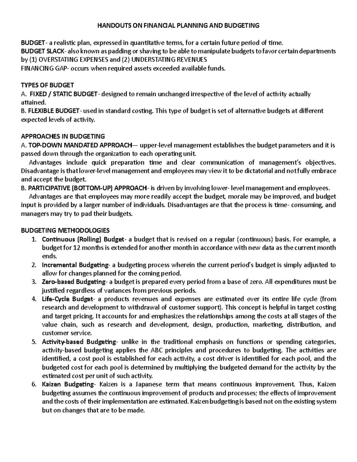 Handouts ON Financial Planning AND Budgeting - HANDOUTS ON FINANCIAL PLANNING AND BUDGETING ...
