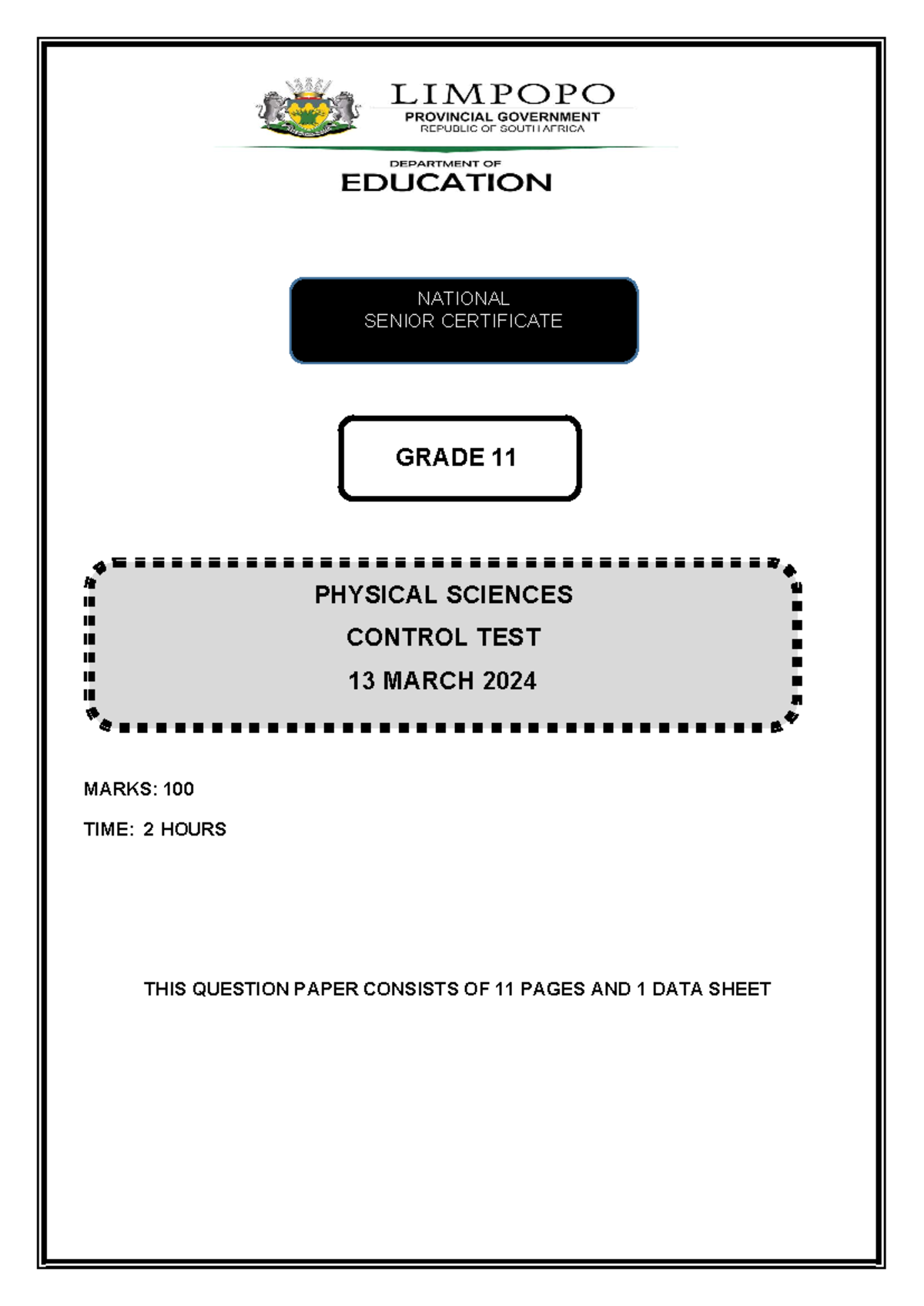 PHSC GR 11 Common Control Test March 2024 - Final Exam - Studocu
