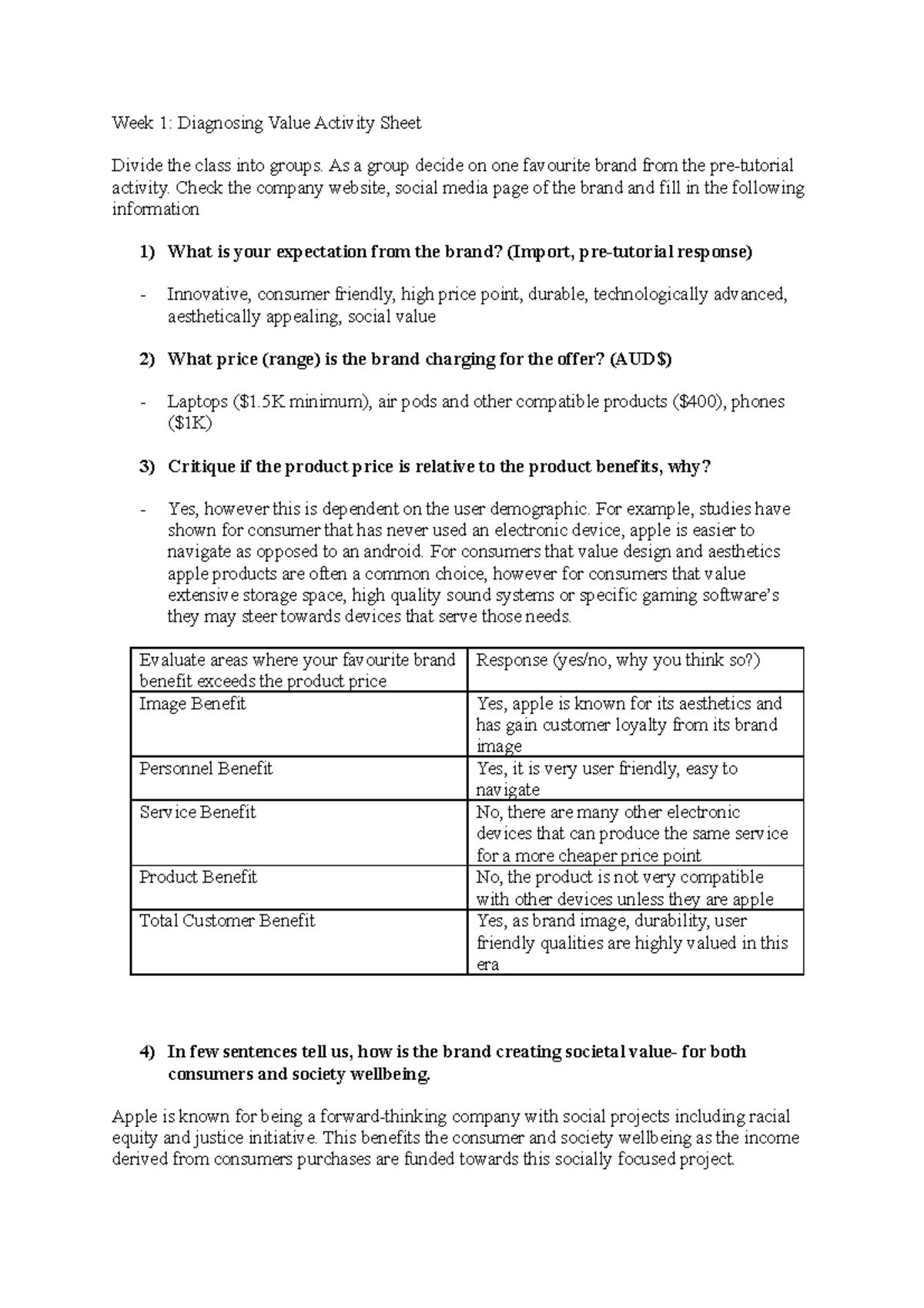 Tutorial 1 task - Week 1: Diagnosing Value Activity Sheet Divide the ...