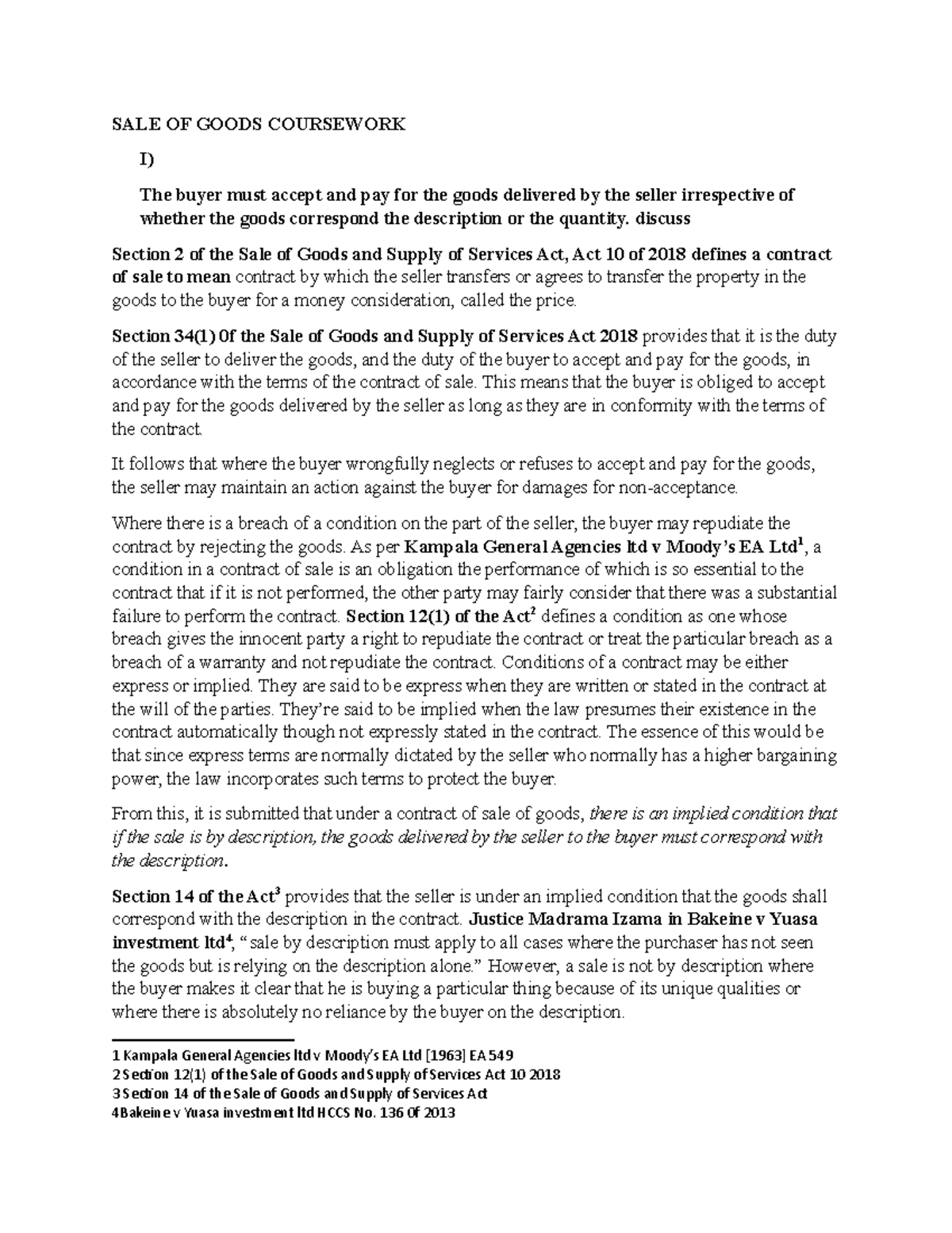 Sale by Sample & Description: Analysis of Sale of Goods Act 2018 - Studocu