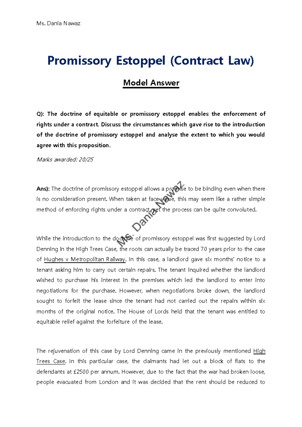 Promissory Estoppel: Contract Law Model Answer and Analysis - Studocu