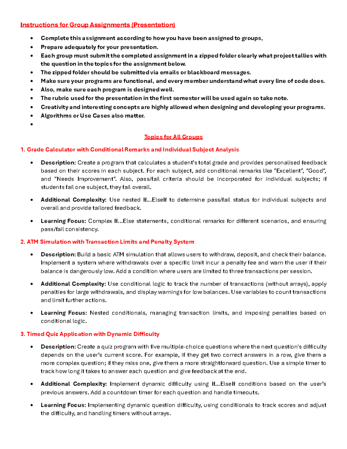 CSC121 Group Assignment Instructions for Presentations - Studocu