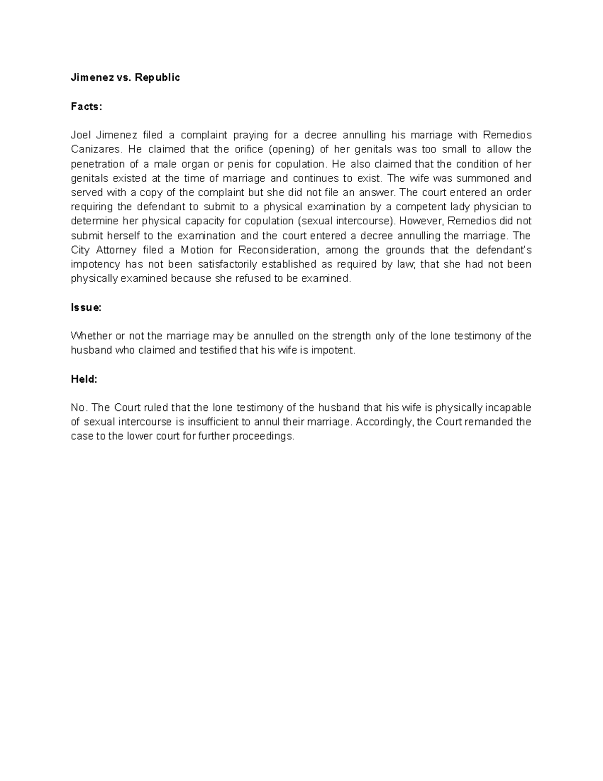 Jimenez vs. Republic - Case Digest on Marriage Annulment - Studocu