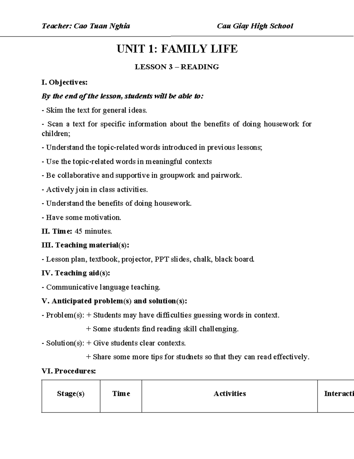 Grade 10 Unit 1 Reading Lessons on Family Life & Housework - Studocu