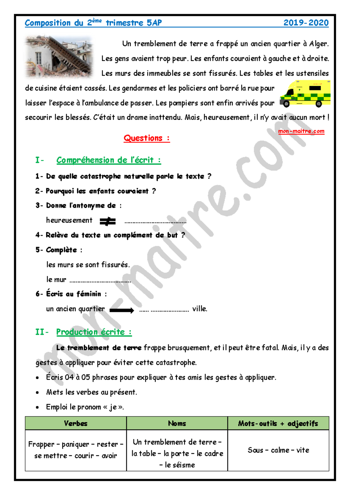 Compréhension et Production Écrite sur le Tremblement de Terre - 5AP ...