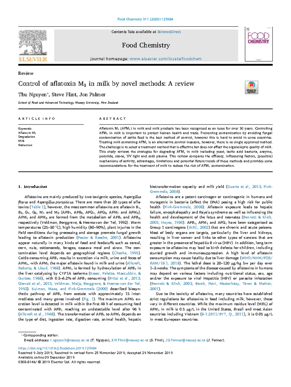 Review of Aflatoxin M1 Control in Milk - Food Chemistry 311 (2020 ...