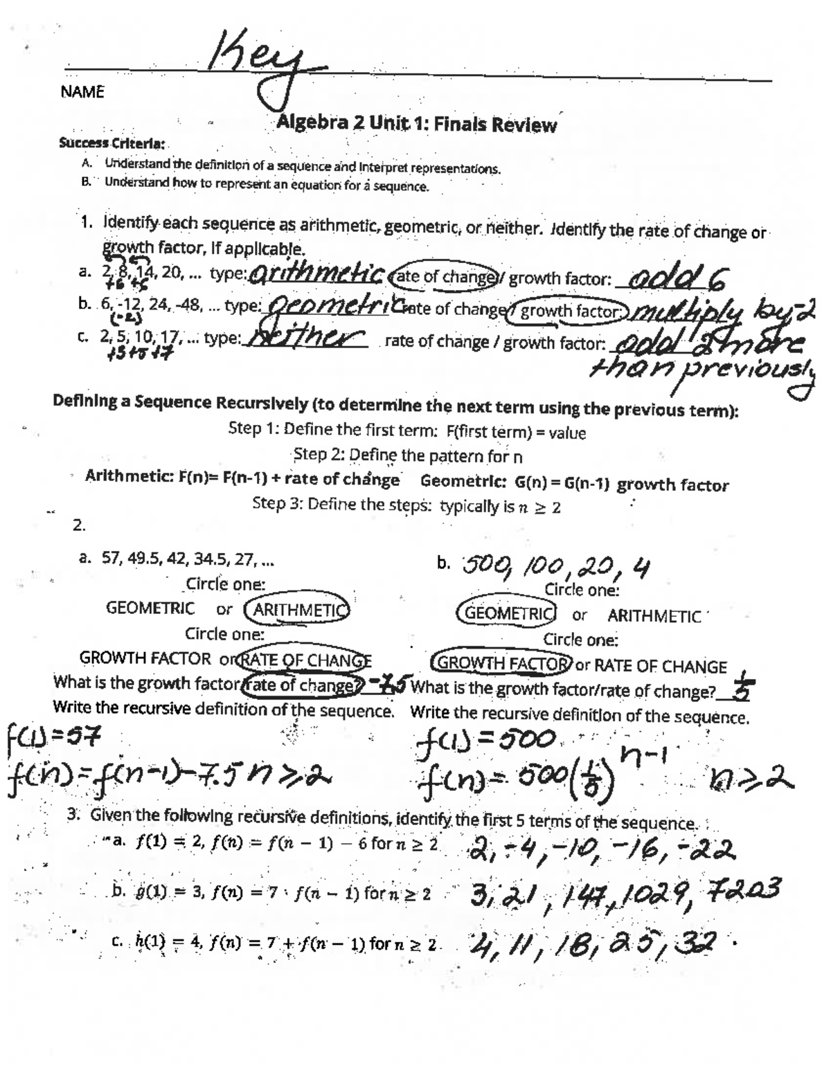 Finals Exam 1st semester Review KEY - NAME Key Algebra 2 Unit 1: Finals ...