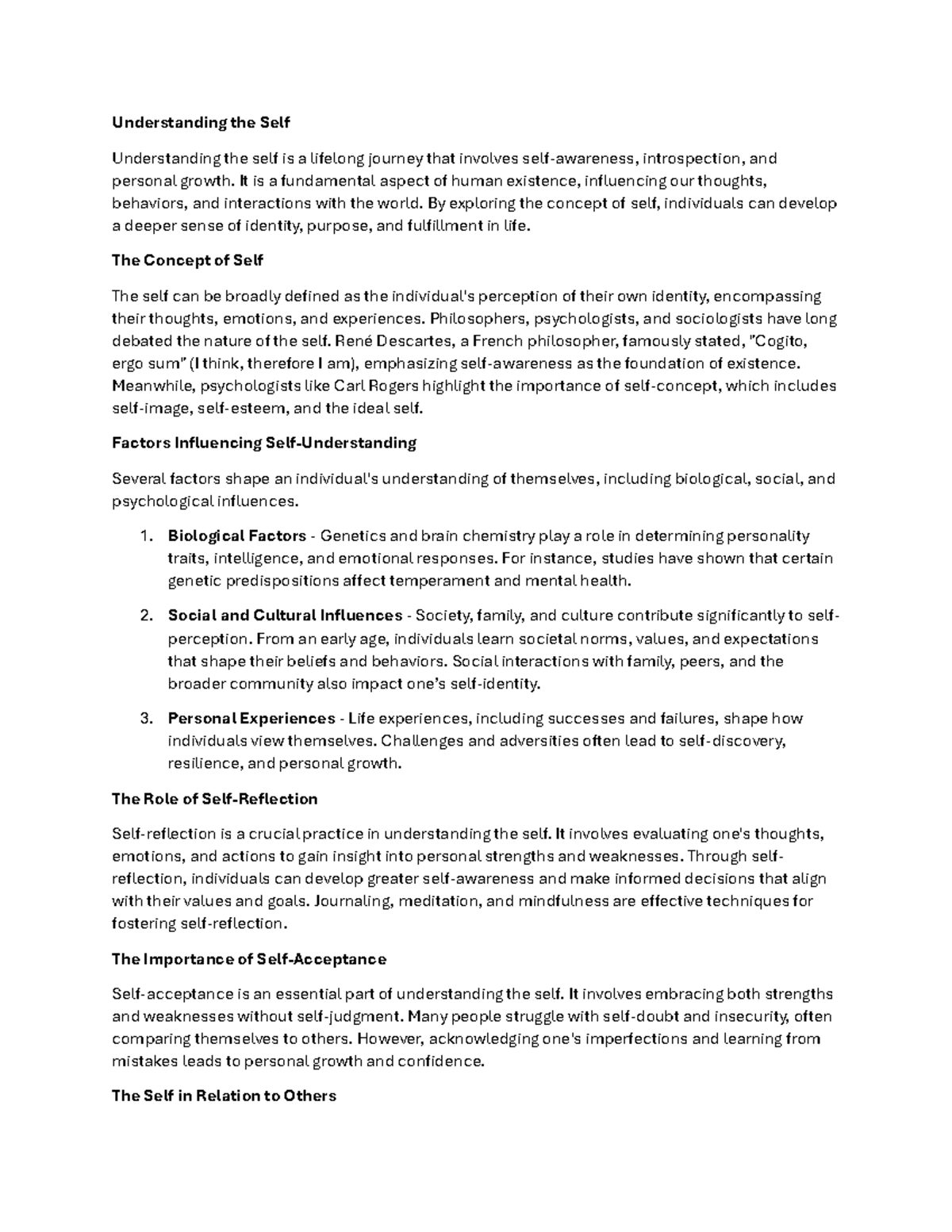 Understanding the Self: Insights and Reflections CW1 - Studocu