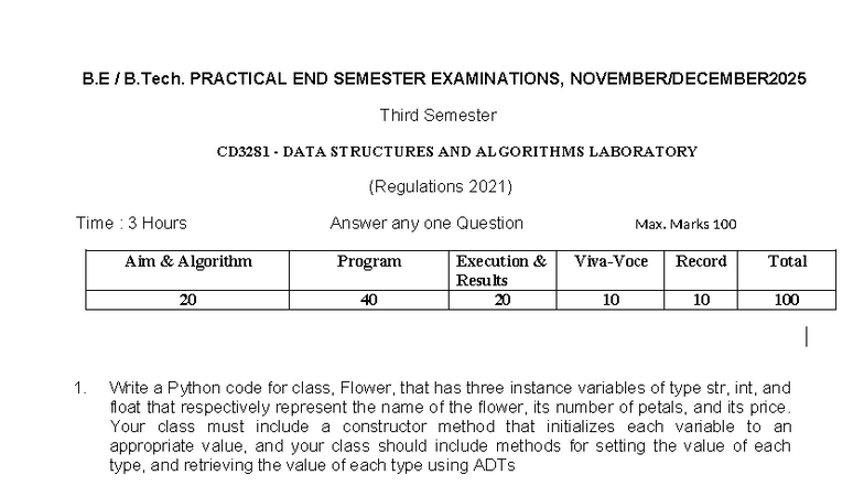 Dsa lab question - B / B. PRACTICAL END SEMESTER EXAMINATIONS, NOVEMBER/DECEMBER Third Semester ...