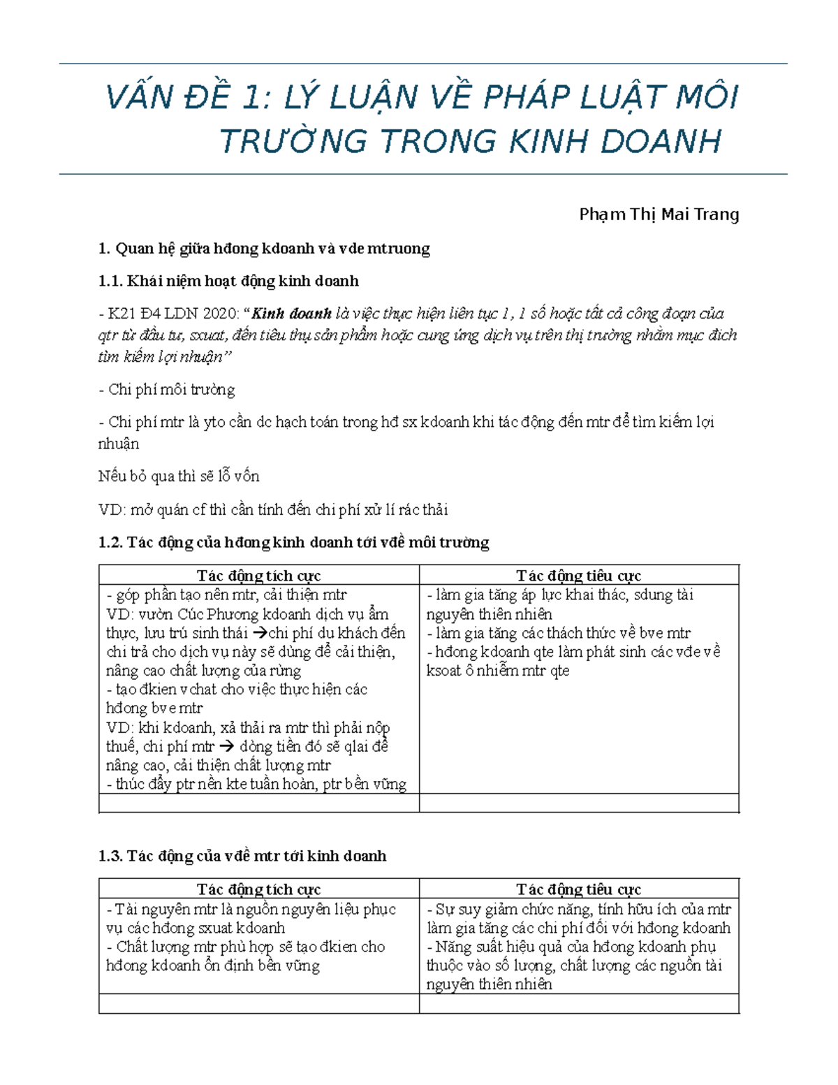 VẤN ĐỀ 1: LÝ LUẬN VỀ PHÁP LUẬT MÔI TRƯỜNG TRONG KINH DOANH K21 Đ4 LDN ...