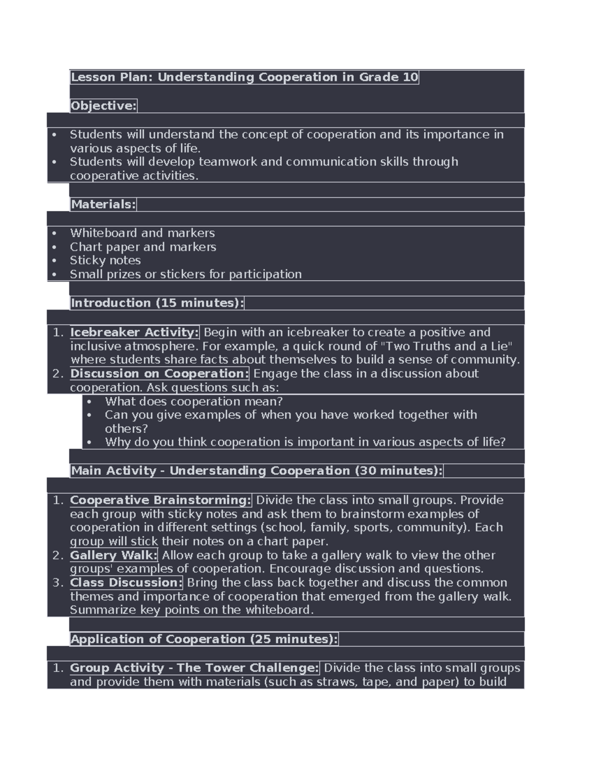 Lesson Plan: Understanding Cooperation in Grade 10 (Coop Skills) - Studocu