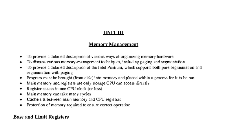 OS R20 - UNIT 3: Memory Management Techniques and Architectures - Studocu