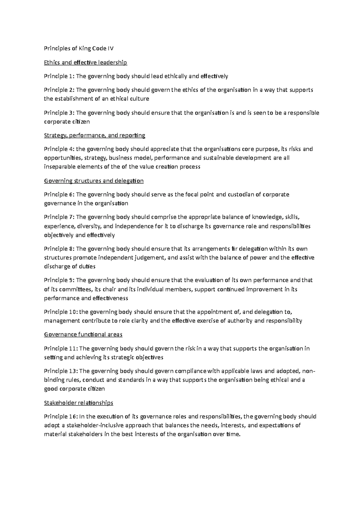 Unit 1 - KING IV Summary of Principles - KING IV principles Principle 1 ...