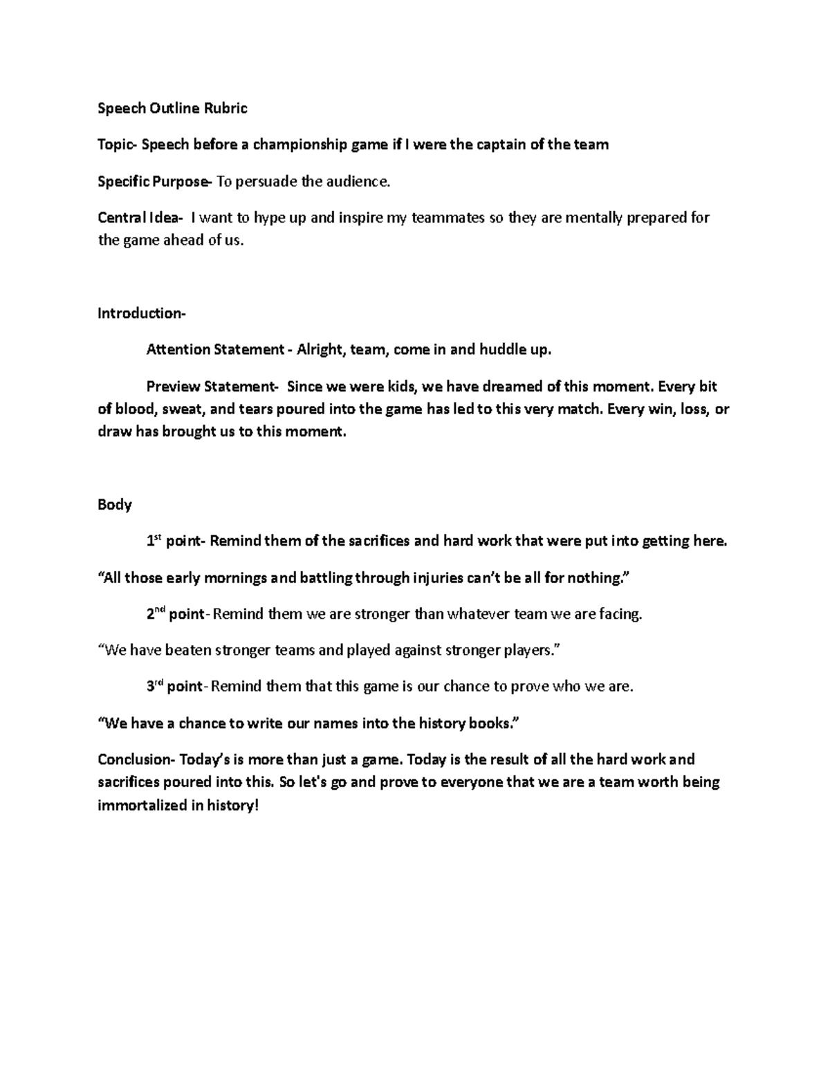 Speech Outline: Inspiring Team Spirit Before Championship Game - Studocu