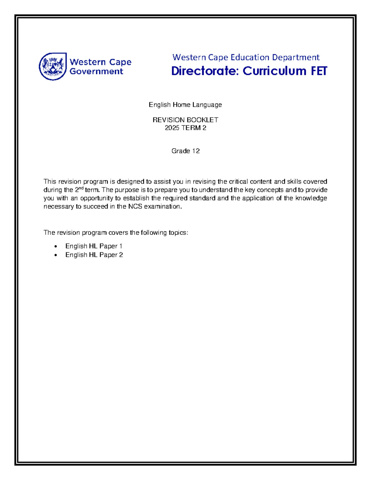 EHL Grade 12 Term 2 Revision Booklet 2025: Key Concepts & Skills - Studocu