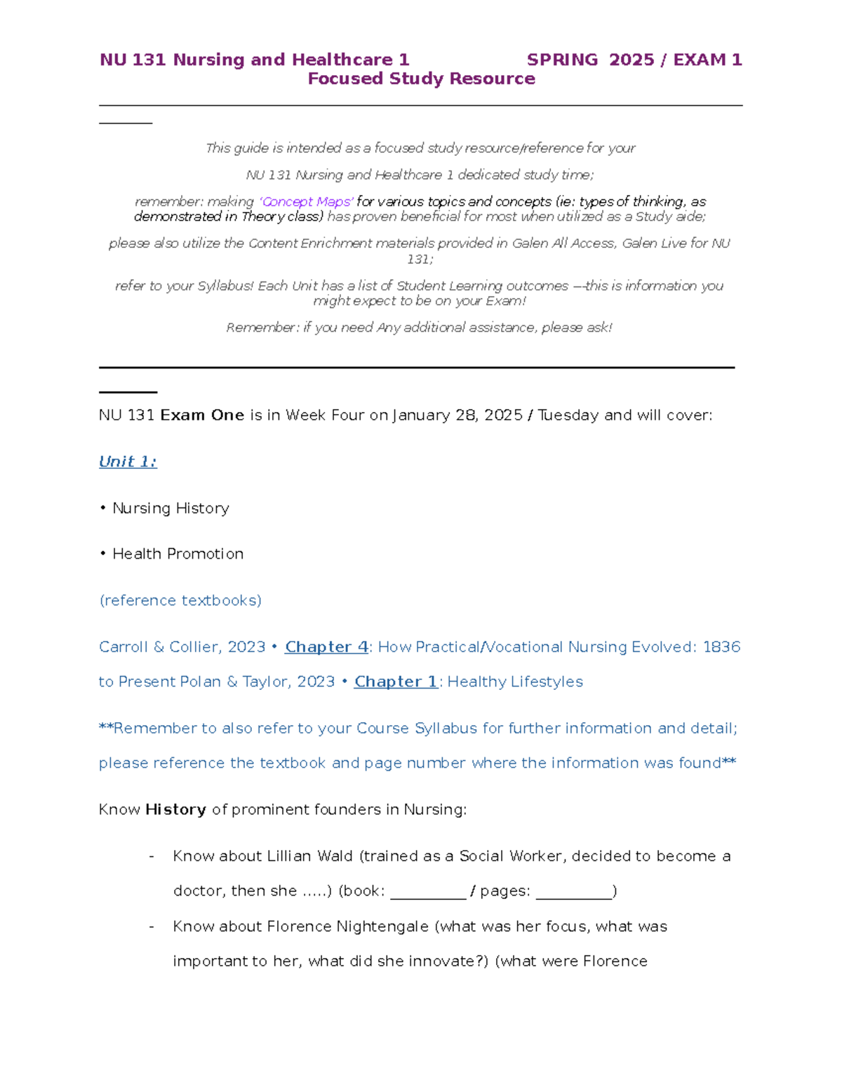 NU 131 Nursing and Healthcare 1 SPRING 2025 Exam 1 Focused Study Guide ...