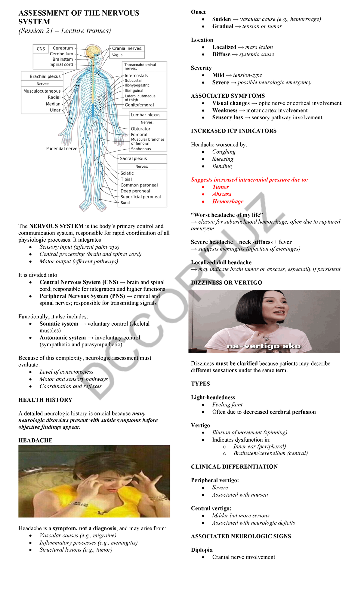 ASSESSMENT OF THE NERVOUS SYSTEM (Session 21 Lecture Notes) - Studocu