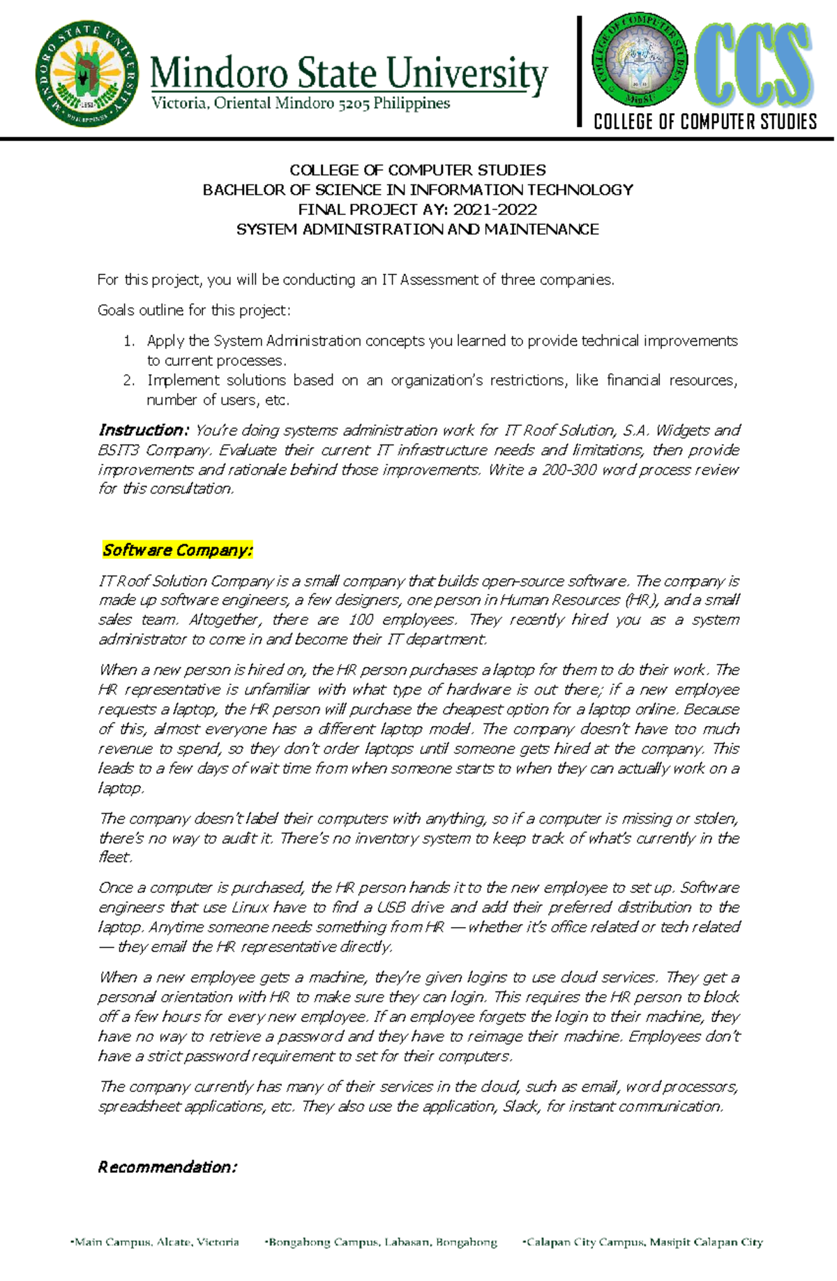 System Administration & Maintenance Final Project - IT Assessment - Studocu