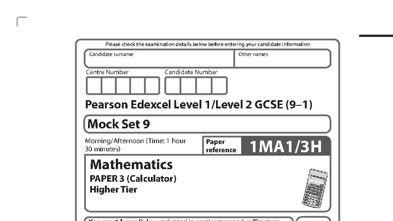 GCSE Mathematics Mock Exam Set 9 - Paper 3 (Calculator) - Studocu