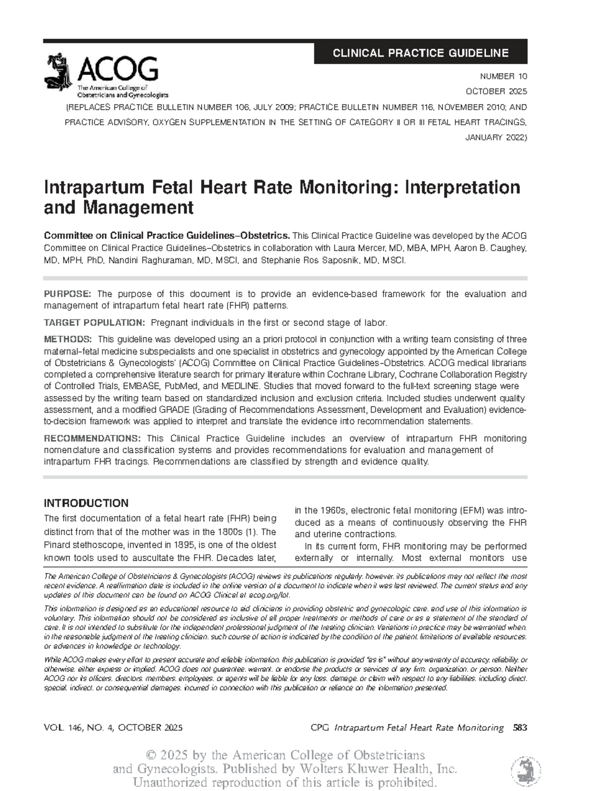 Intrapartum Fetal Heart Rate Monitoring: CPG No. 10, Oct 2025 - Studocu