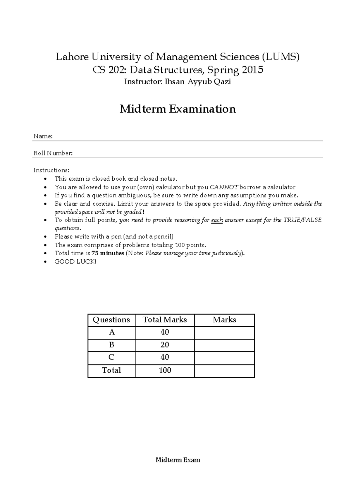 Midterm Exam CS 202: Data Structures Spring 2015 - Studocu