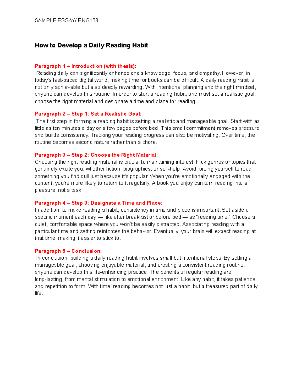 ENG103 Sample Process Essay: Developing a Daily Reading Habit - Studocu