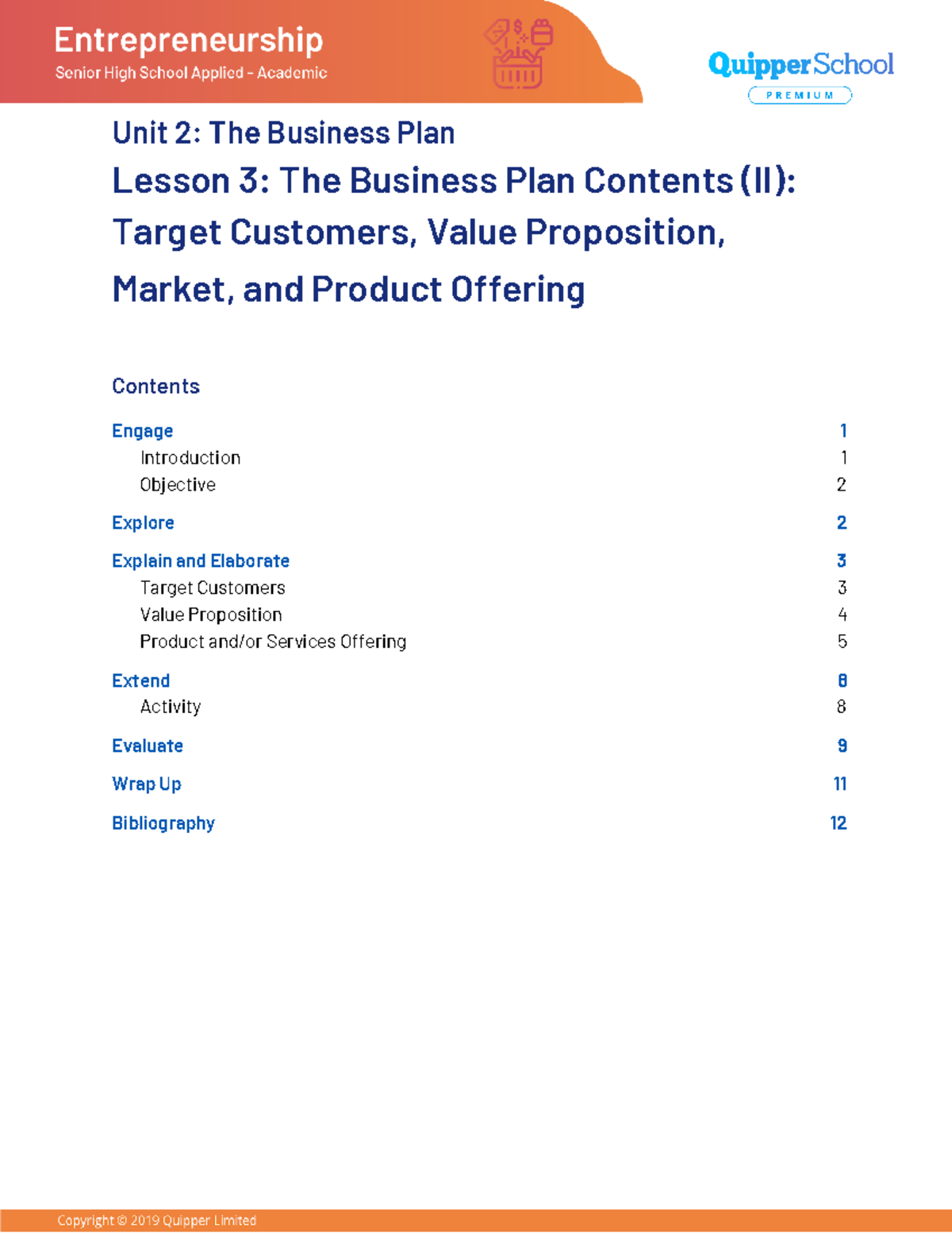 ENT SG Unit 2 Lesson 3: Business Plan Target Customers & Value ...