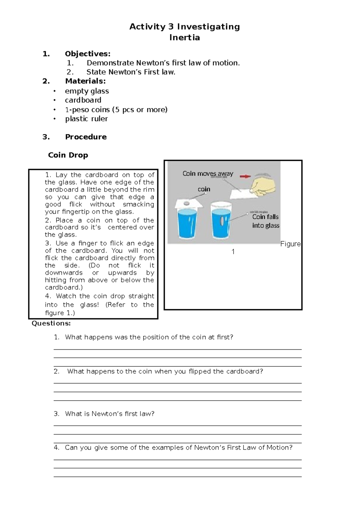 Activity 3: Exploring Inertia and Newton's First Law of Motion - Studocu