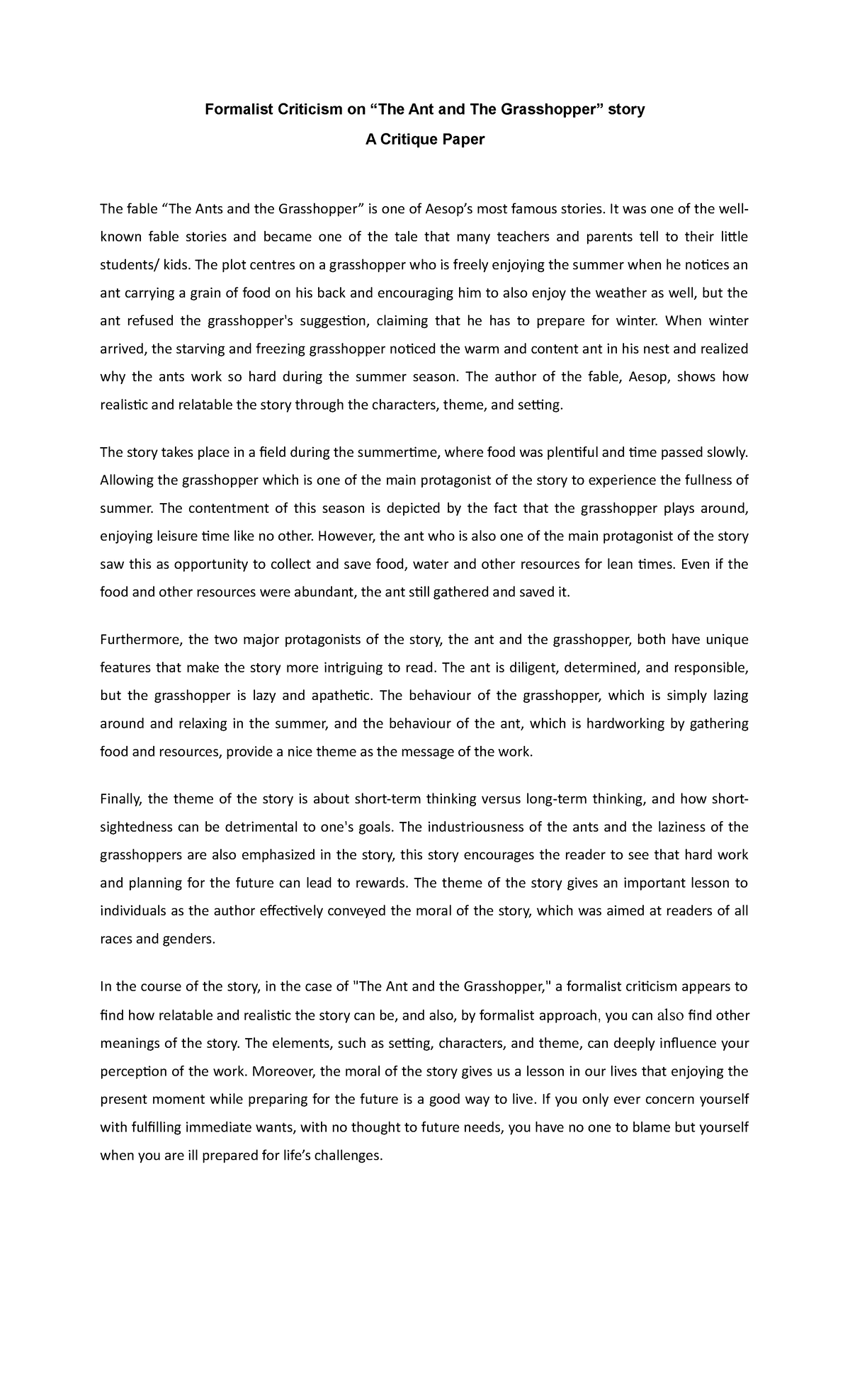Formal Critique of "The Ant and The Grasshopper" Fable Analysis - Studocu