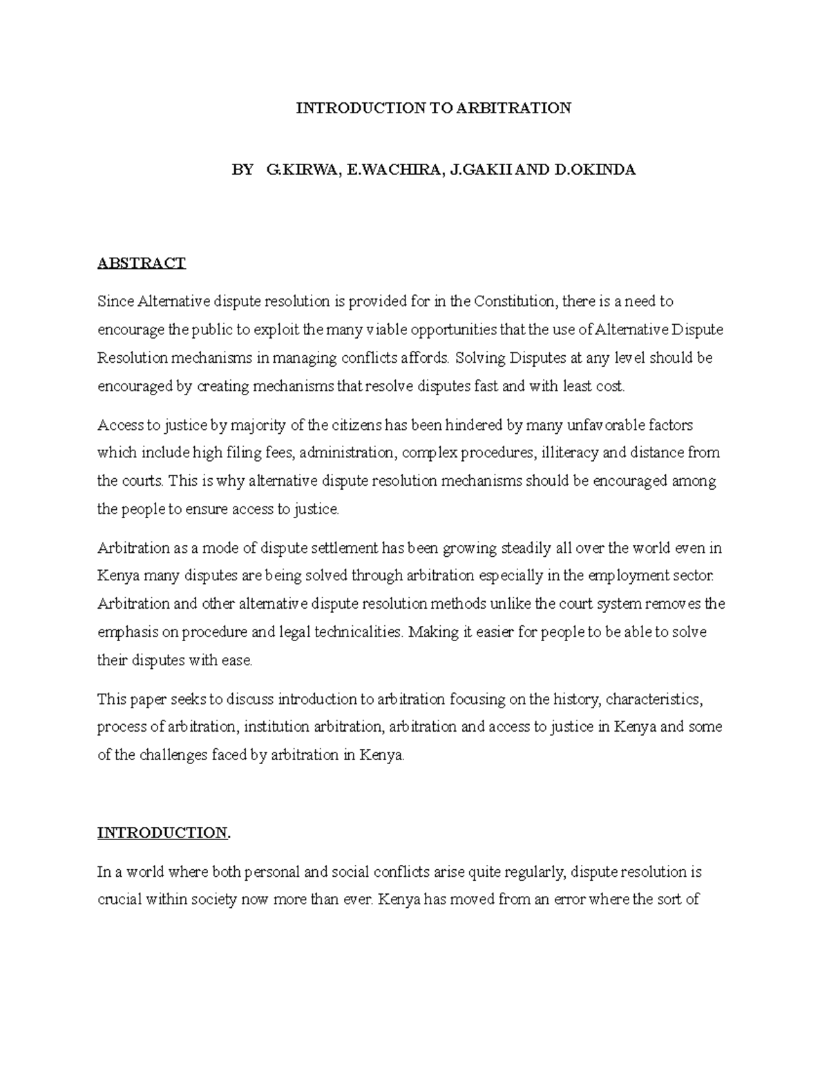 Arbitration - INTRODUCTION TO ARBITRATION BY G, E, J AND D ABSTRACT ...