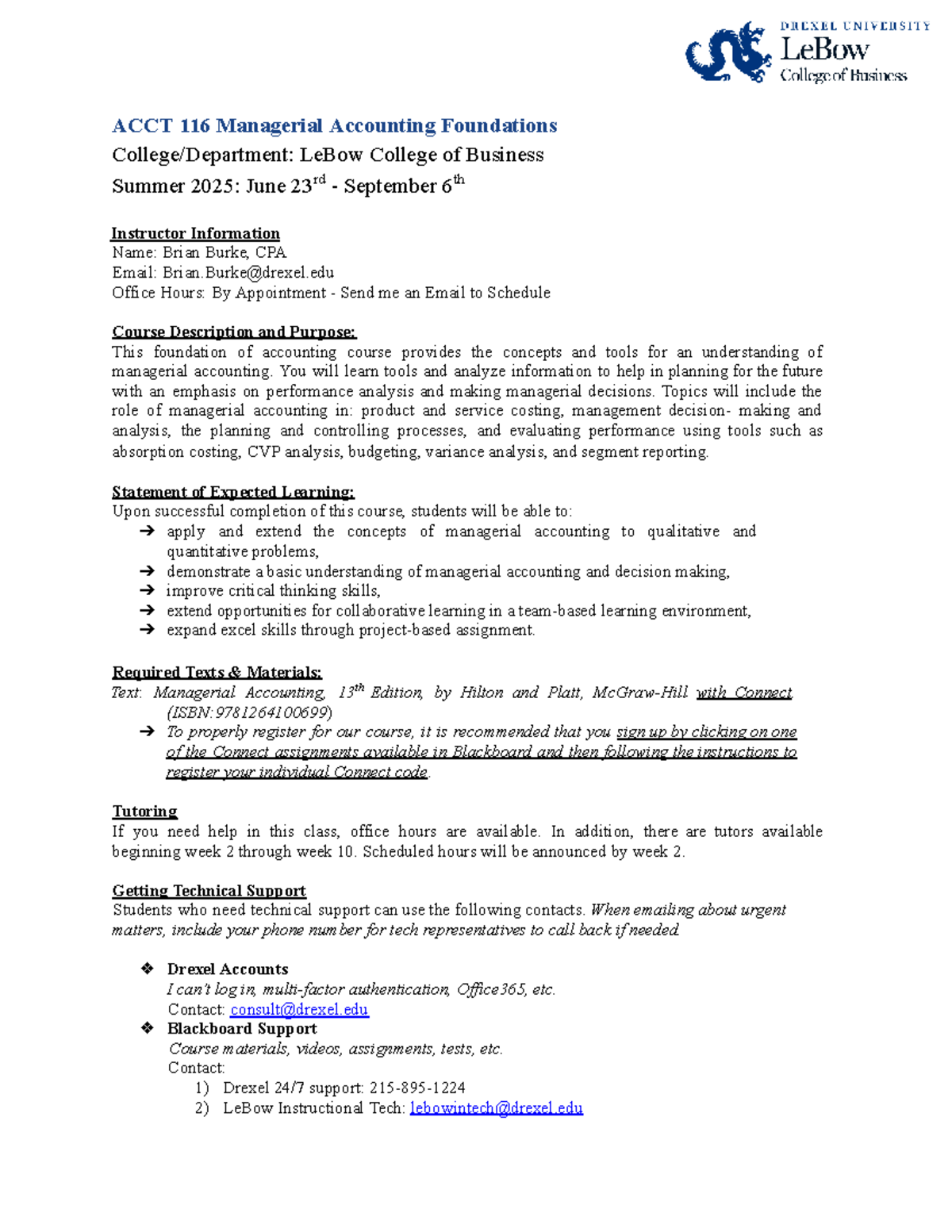 ACCT 116 Managerial Accounting Syllabus - Summer 2025 - Studocu