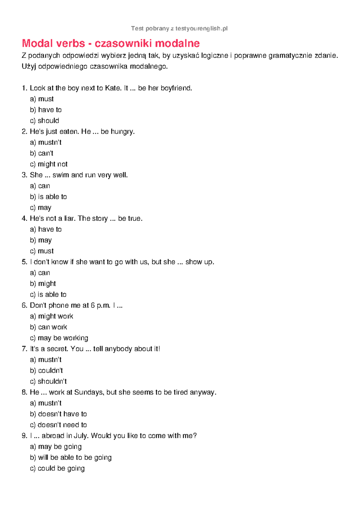 Test Modal Verbs - Czasowniki Modalne (92) - Studocu
